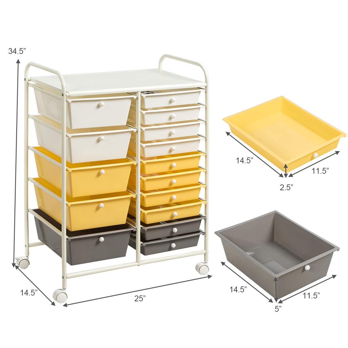MEDIMALL 15 Drawers Rolling Storage Cart, Multipurpose Craft Storage Cart with Wheels, Mobile Tools Scrapbook Paper Organizer Cart for School Home Office Use (Yellow)