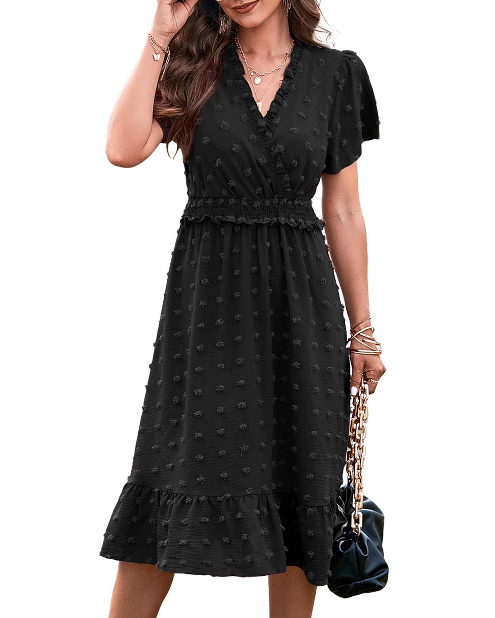 BTFBM Women's Summer Elegant Short Sleeve V Neck Swiss Dot Midi Dresses Cute Boho High Waist Long Dresses A-Line Ruffle Dress(Solid Black,X-Large
