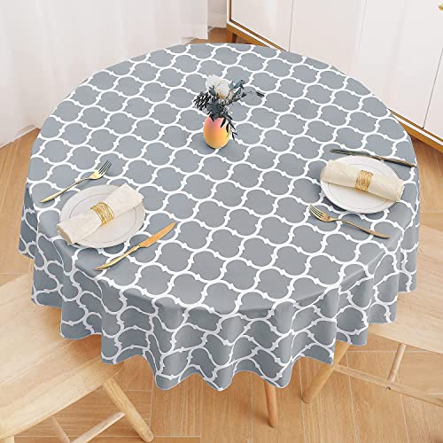 smiry Round Plastic Table Cloth, Waterproof Vinyl Tablecloth with Flannel Backing for Round Tables, Wipeable Spillproof Tablecloths for Dining, Camping, Indoor and Outdoor (60" Round, Grey)