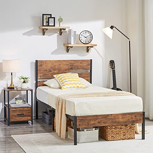 VECELO Platform Bed Frame Twin Size with Rustic Vintage Wood Headboard, Mattress Foundation, Strong Metal Slats Support, No Box Spring Needed, Black & Wood Grain