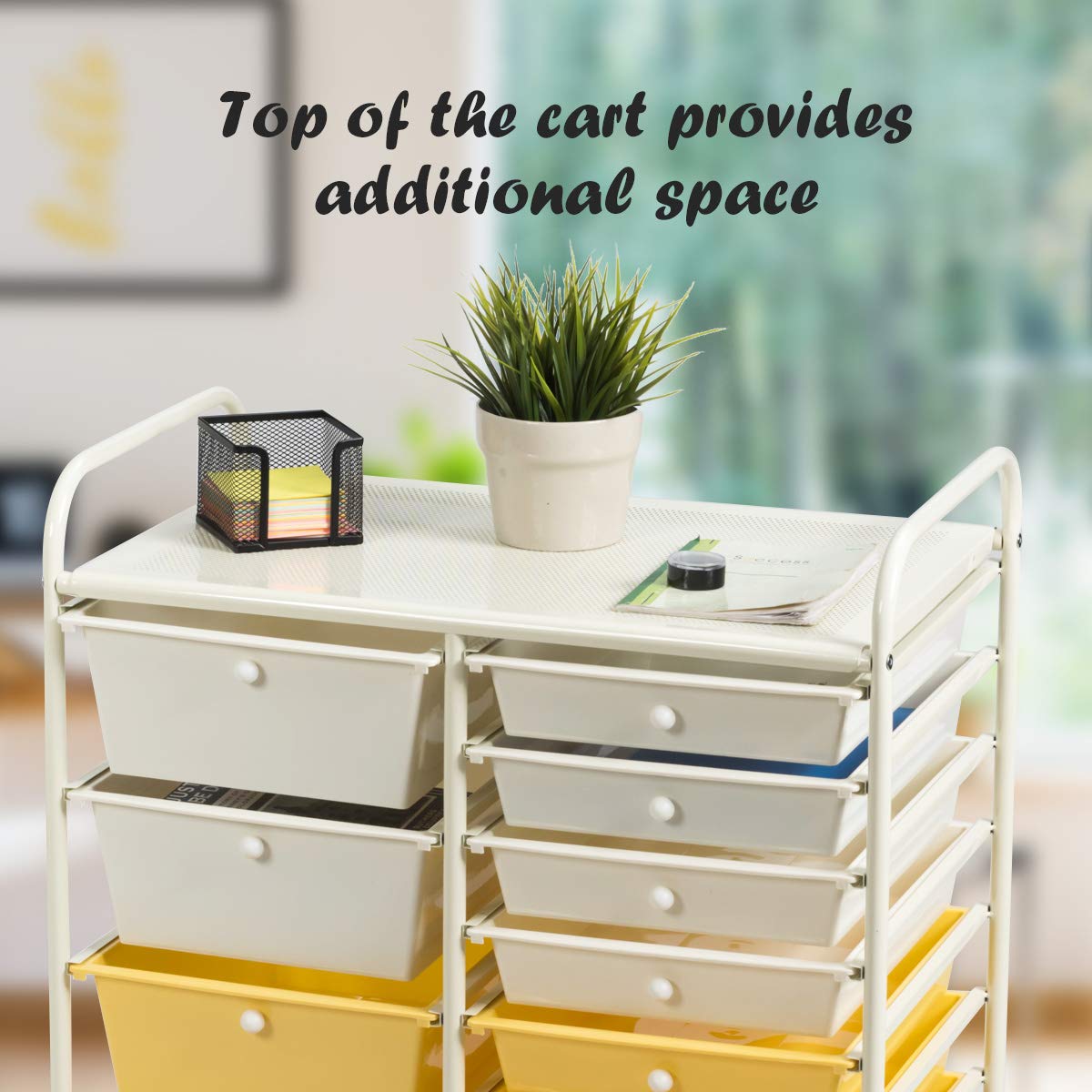 MEDIMALL 15 Drawers Rolling Storage Cart, Multipurpose Craft Storage Cart with Wheels, Mobile Tools Scrapbook Paper Organizer Cart for School Home Office Use (Yellow)