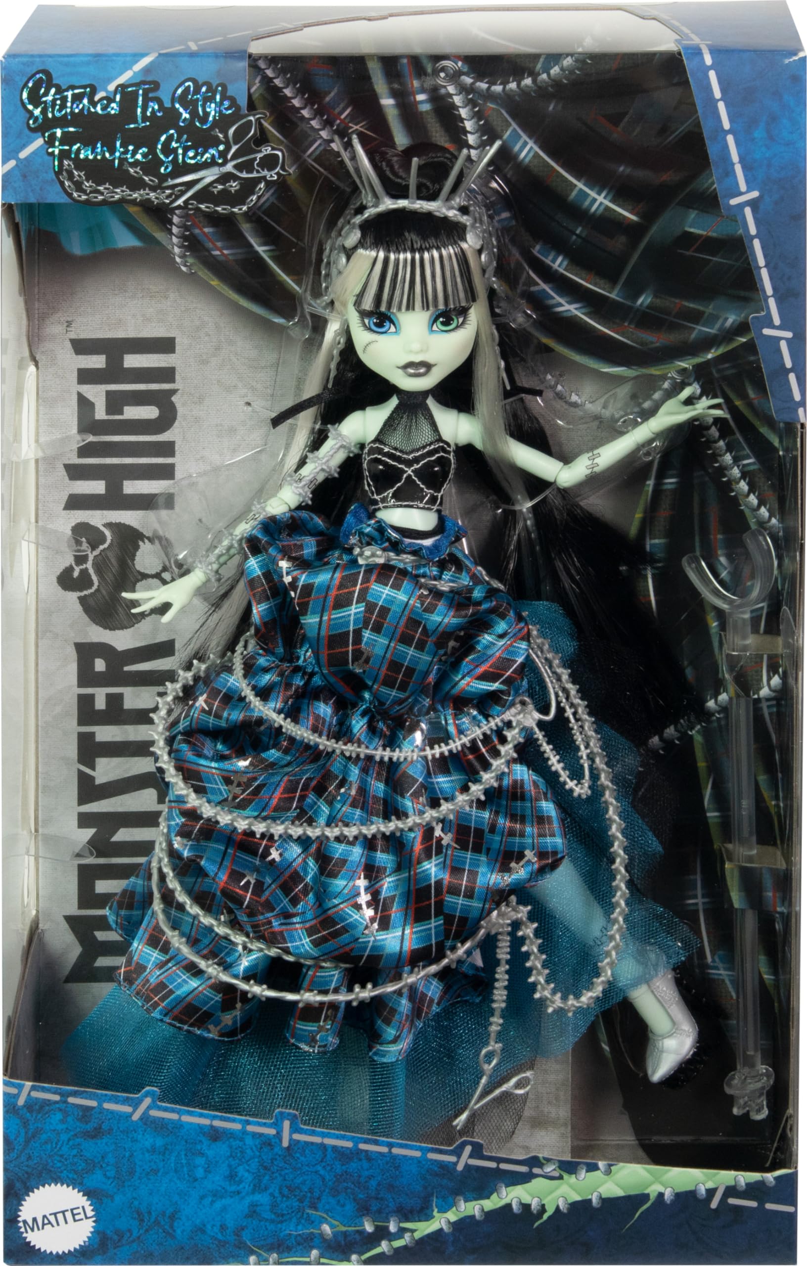 Monster High Doll, Frankie Stein Stitched in Style Fashion Collectible, Blue Plaid Couture Gown & Sewing-Inspired Accessories (Amazon Exclusive)