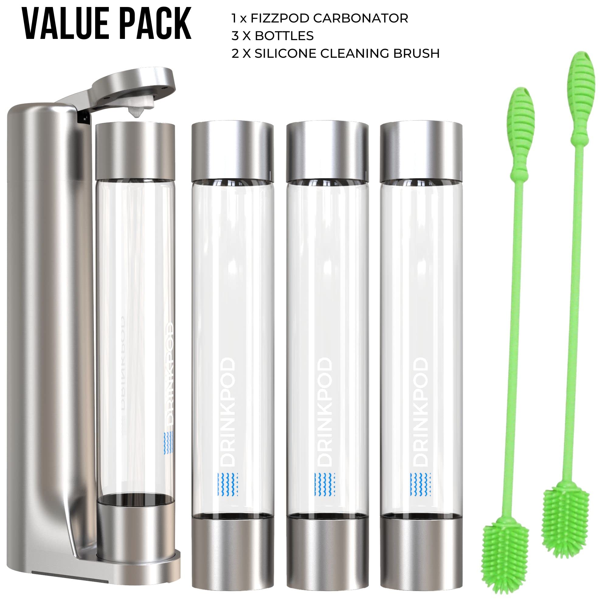 Fizzpod Home Soda Maker Sparkling Water Carbonator With 3 Bottles and 2 Bottle Brushes (Silver)