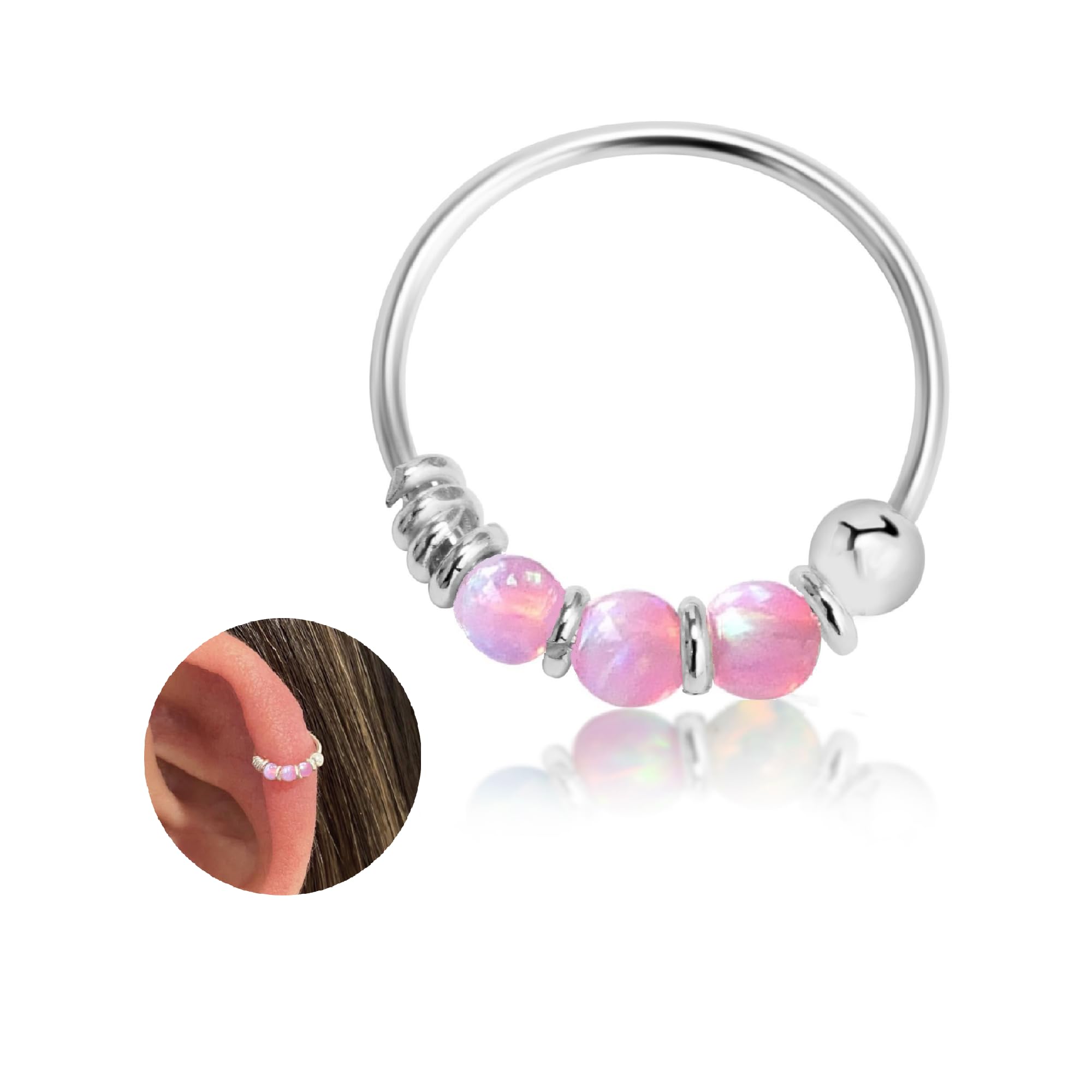Handmade Silver Single 10MM Cartilgae Helix Piercing Hoop Earring with Trio Pink Opal, 925 Sterling Silver Very Small 10MM Thin 22 Gauge Hoop for women, By Miya Jewelry Creations