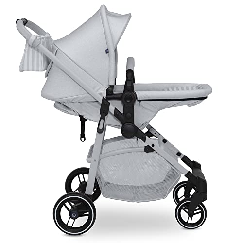 GAP babyGap 2-in-1 Carriage Stroller - Car Seat Compatible - Easy One-Handed Fold - Lightweight Stoller with Oversized Canopy & Reclining Seat - Made with Sustainable Materials, Grey Stripes
