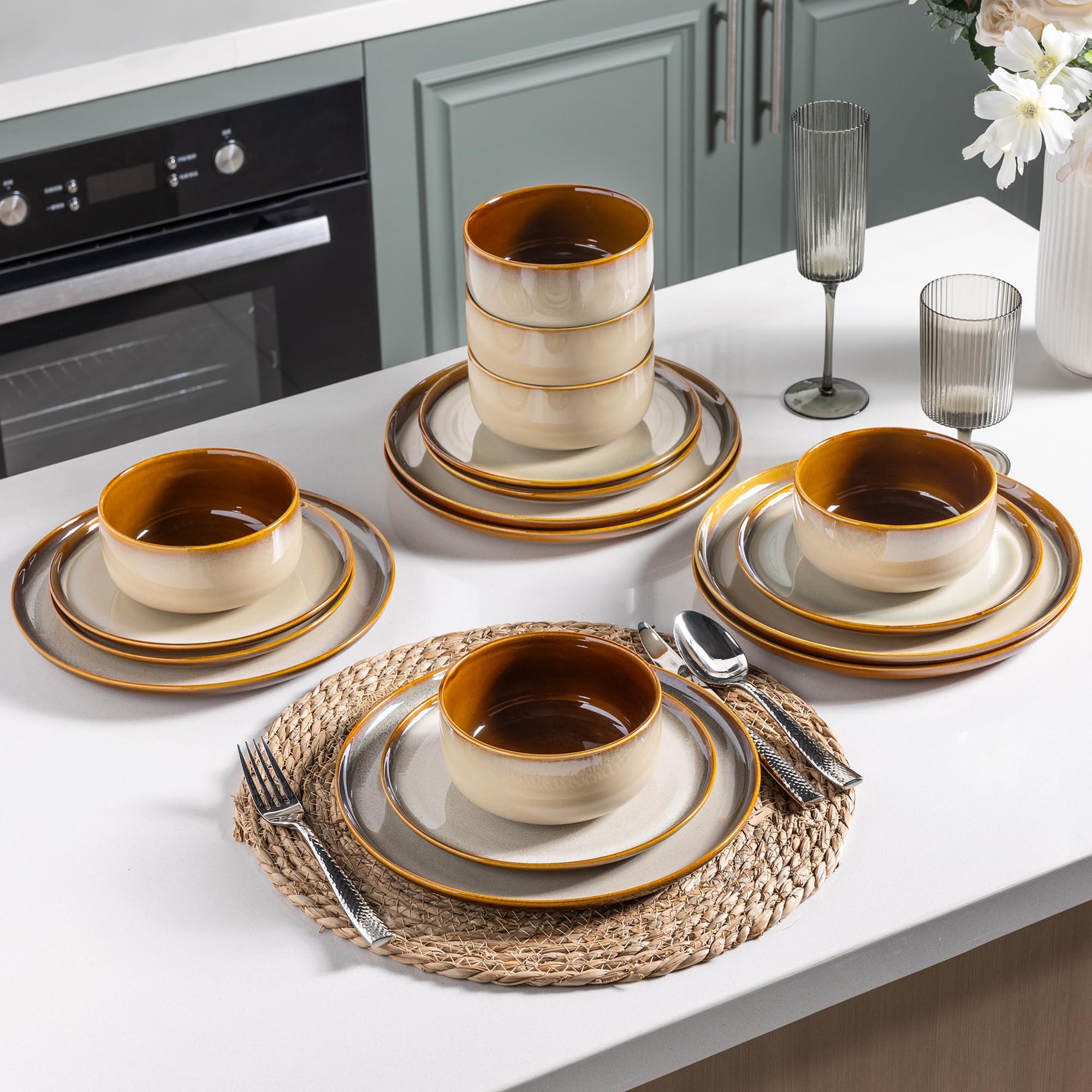 LeRatio Ceramic Dinnerware Sets for 4,12-Piece Plates and Bowls,Handmade Reactive Glaze Dishes Set,Chip Resistant and Scratch Resistant | Oven Dishwasher & Microwave Safe,Service for 4-Kahki