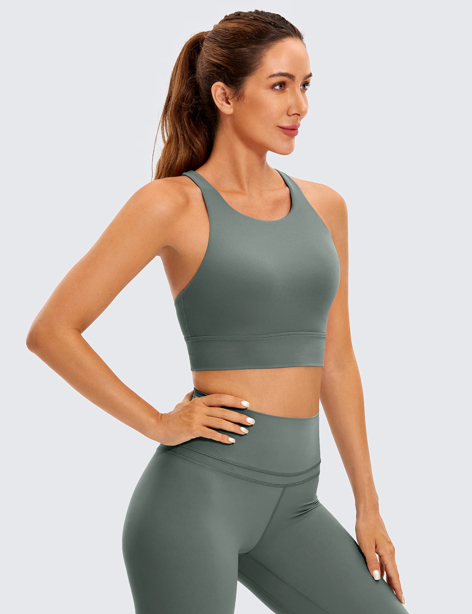 CRZ YOGA Womens Butterluxe Strappy High Neck Longline Sports Bra - Wireless Criss Cross Back Padded Workout Cropped Top Grey Sage Large