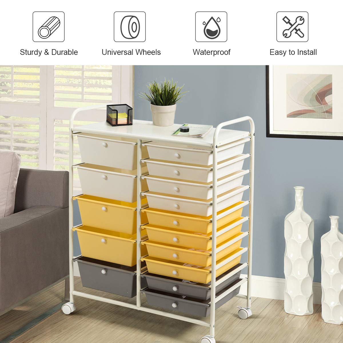 MEDIMALL 15 Drawers Rolling Storage Cart, Multipurpose Craft Storage Cart with Wheels, Mobile Tools Scrapbook Paper Organizer Cart for School Home Office Use (Yellow)