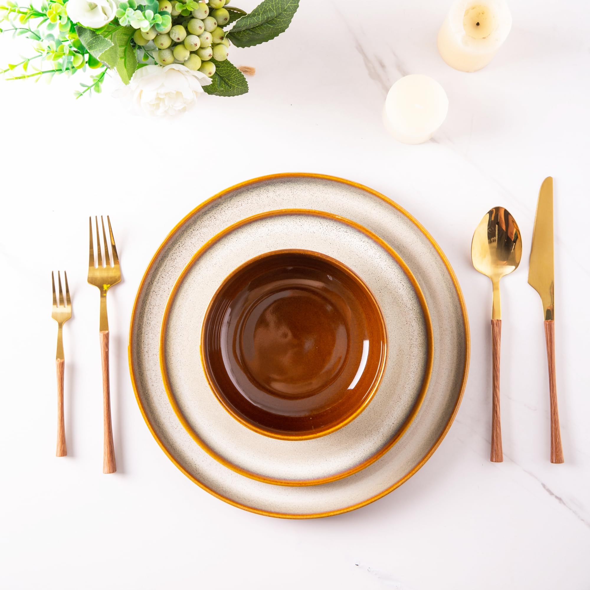 LeRatio Ceramic Dinnerware Sets for 4,12-Piece Plates and Bowls,Handmade Reactive Glaze Dishes Set,Chip Resistant and Scratch Resistant | Oven Dishwasher & Microwave Safe,Service for 4-Kahki
