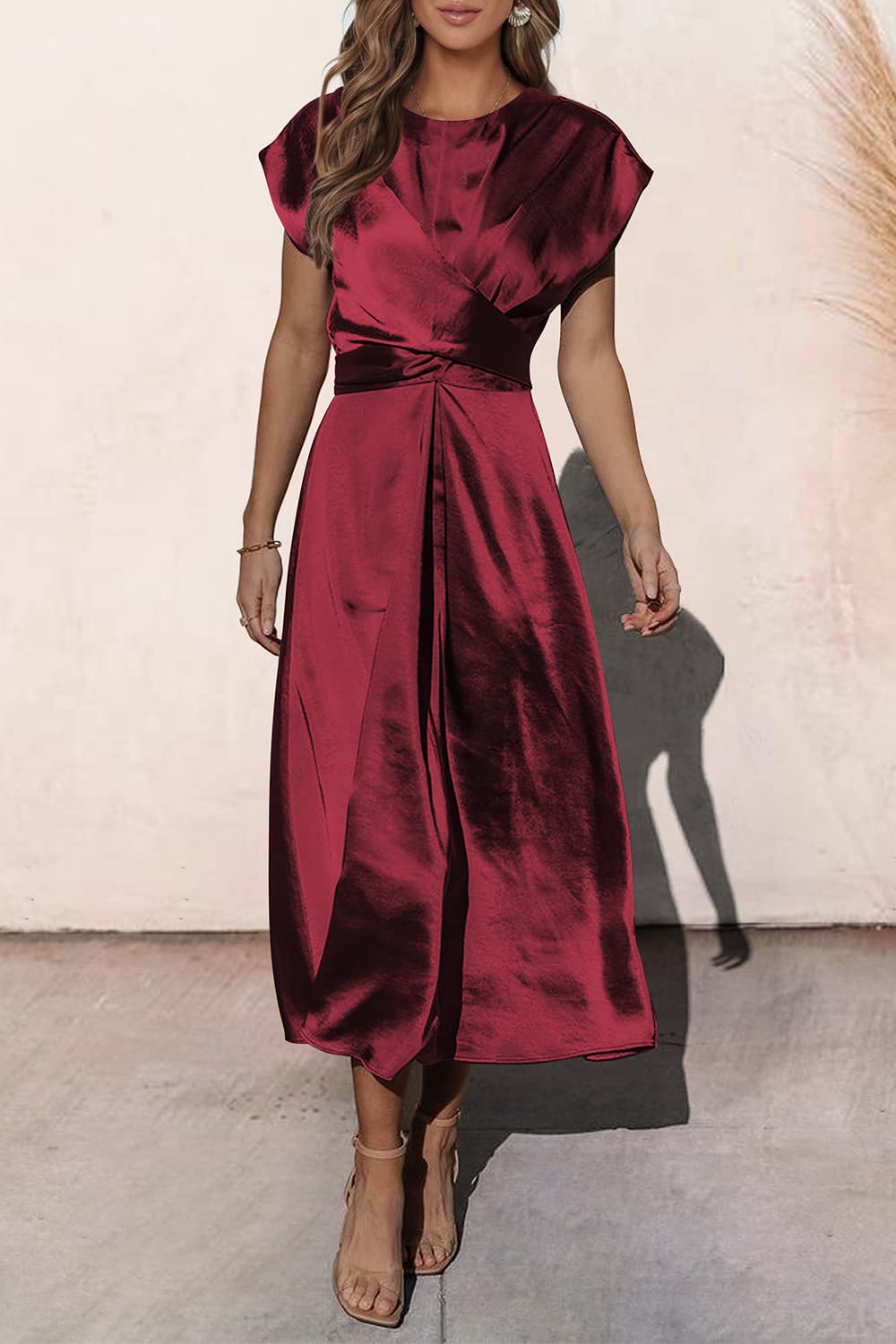 PRETTYGARDEN Women's 2024 Summer Satin Midi Dress Cap Sleeve Tie Waist Elegant A-Line Flowy Dresses (Wine Red,Medium)