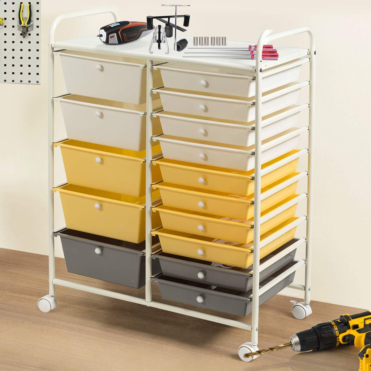 MEDIMALL 15 Drawers Rolling Storage Cart, Multipurpose Craft Storage Cart with Wheels, Mobile Tools Scrapbook Paper Organizer Cart for School Home Office Use (Yellow)