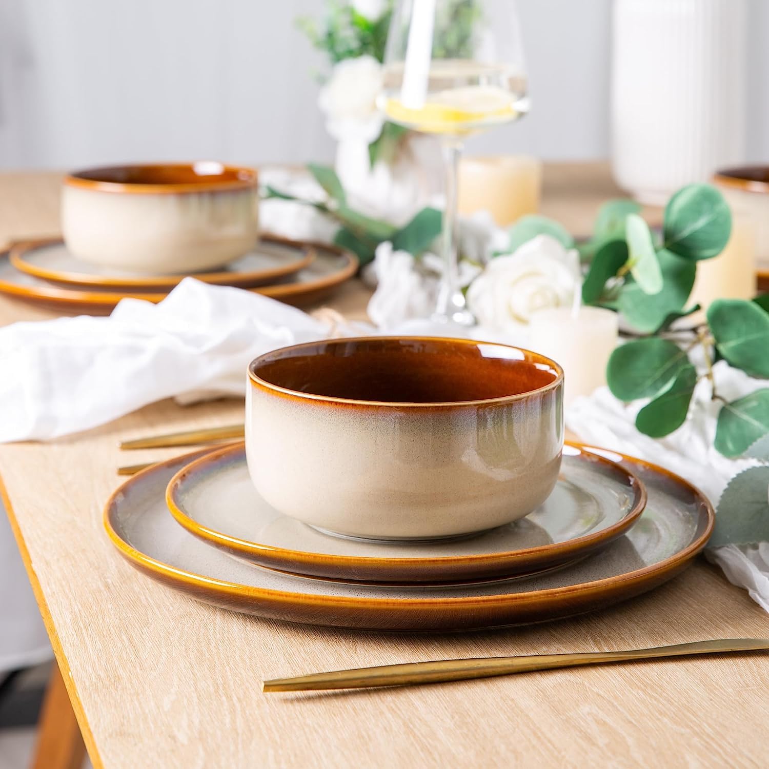 LeRatio Ceramic Dinnerware Sets for 4,12-Piece Plates and Bowls,Handmade Reactive Glaze Dishes Set,Chip Resistant and Scratch Resistant | Oven Dishwasher & Microwave Safe,Service for 4-Kahki