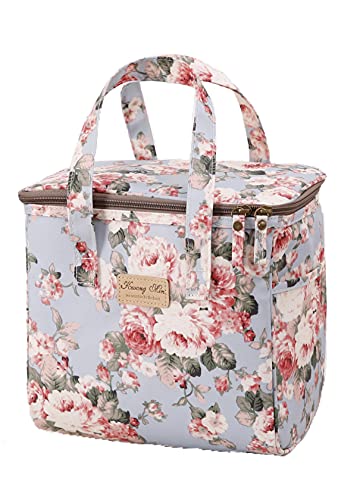 Kwang Min Floral Insulated Lunch Bag for Women,Reusable Lunch Box,Large Cooler for School,Office,Picnic Outdoors,Premium Waterproof Fabric,Ideal Gift for Girls/Adults (Peony Blue)