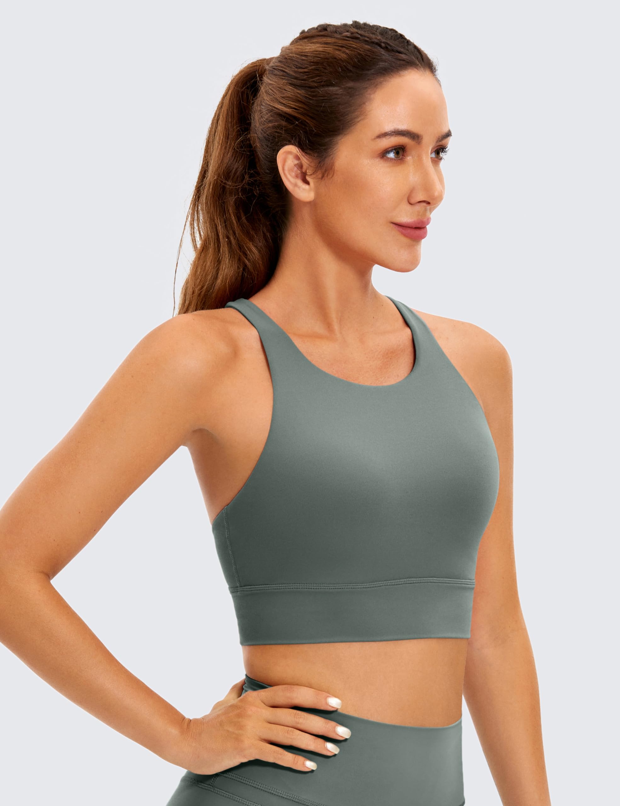 CRZ YOGA Womens Butterluxe Strappy High Neck Longline Sports Bra - Wireless Criss Cross Back Padded Workout Cropped Top Grey Sage Large