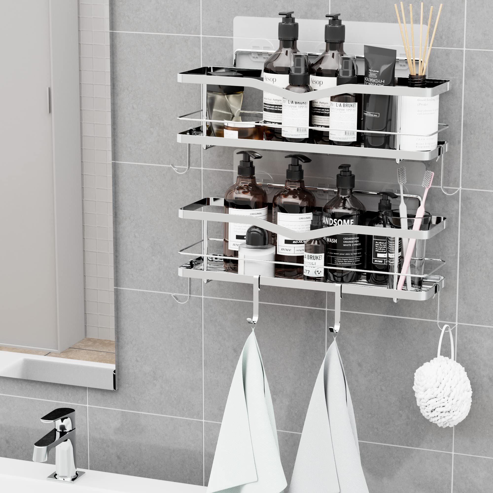 MZF 2-Pack Shower Caddy, No Drilling Adhesive Shower Shelf, Rustproof Stainless Steel Bathroom Shower Organizer Storage, Shower Shelf for Inside Shower & Kitchen Storage, Silver