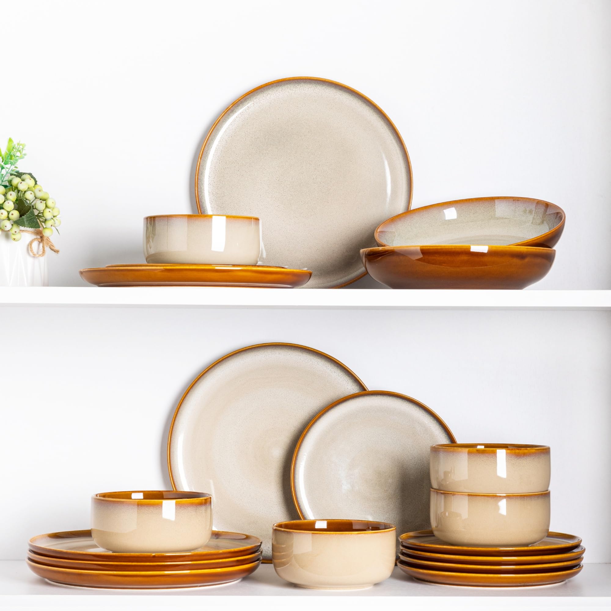 LeRatio Ceramic Dinnerware Sets for 4,12-Piece Plates and Bowls,Handmade Reactive Glaze Dishes Set,Chip Resistant and Scratch Resistant | Oven Dishwasher & Microwave Safe,Service for 4-Kahki