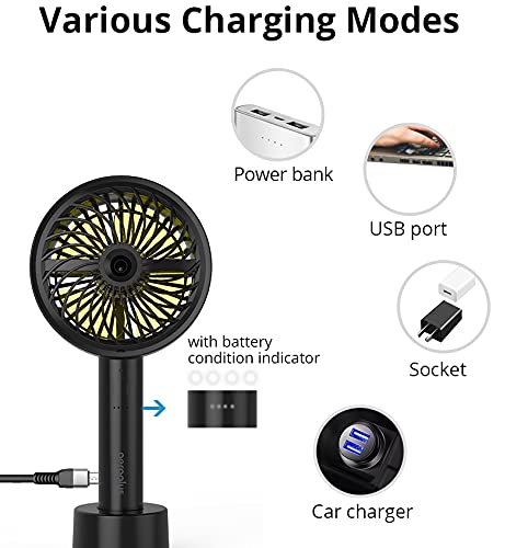 Aeroplus Mini Fan 5" Handheld Personal 3 Speed Rechargeable Battery Operated with Misting Option weatherproof includes dock & cable (Black) desk fan for home kitchen office travel camping