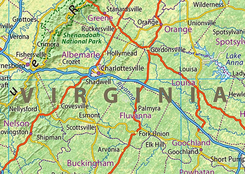Physical Map of Virginia State - 11.3 x 23.3 Inches - Paper Laminated