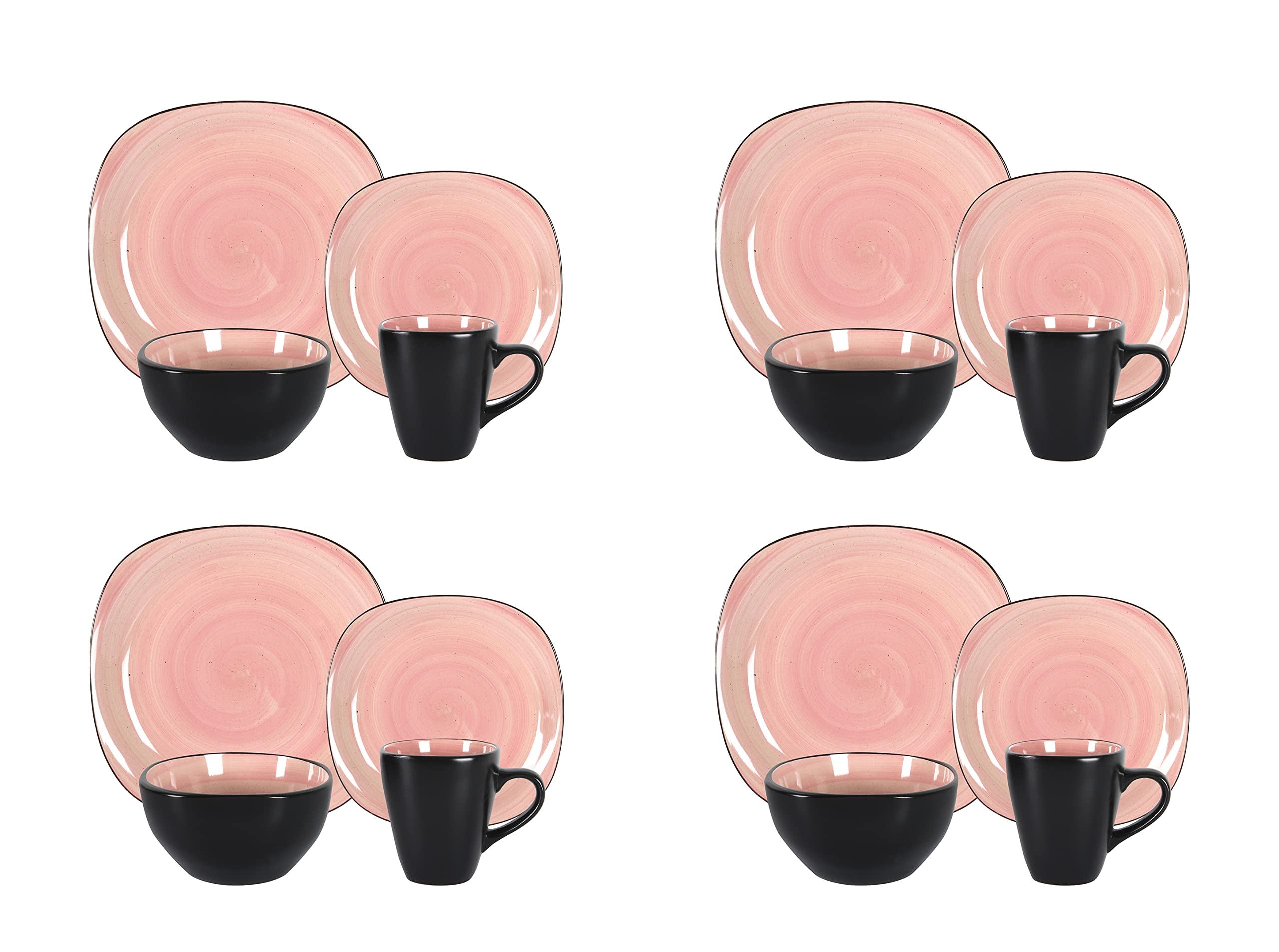 HomeVss, Stoneware Square 16pc Dinnerware Set, Inside Spinwaseh Swirl Rose + Outside Black