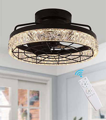 Q&S Modern Ceiling Fan with Lights,Low Profile Enclose Black Cage Semi Flush Mount Crystal Ceiling Fans with Remote 6 Speeds 3 Colors Dimmable LED Light Fixture for Bedroom Living Room Gym 18.9"