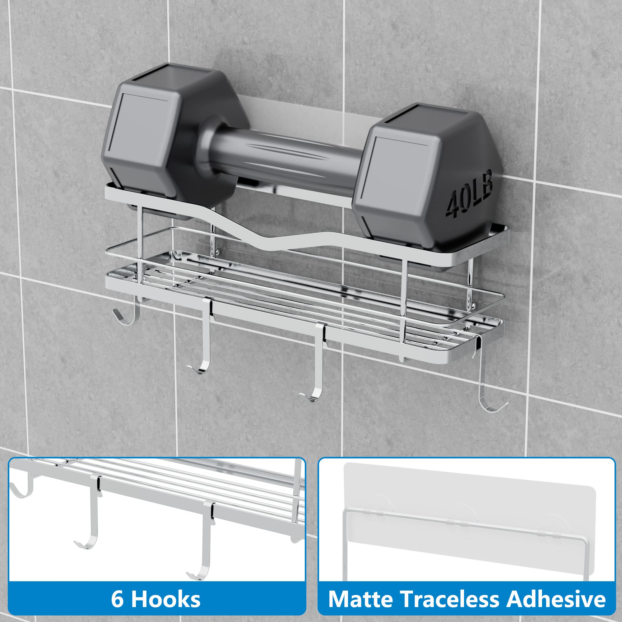 MZF 2-Pack Shower Caddy, No Drilling Adhesive Shower Shelf, Rustproof Stainless Steel Bathroom Shower Organizer Storage, Shower Shelf for Inside Shower & Kitchen Storage, Silver