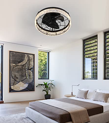 Q&S Modern Ceiling Fan with Lights,Low Profile Enclose Black Cage Semi Flush Mount Crystal Ceiling Fans with Remote 6 Speeds 3 Colors Dimmable LED Light Fixture for Bedroom Living Room Gym 18.9"