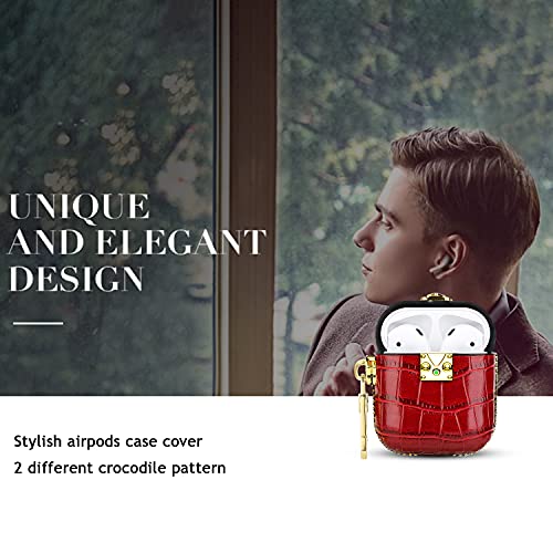 Case Cover for AirPods, YMSMY Genuine Leather AirPods 2 Case AirPods 1 Case with Stainless Steel Gold Buckle, High-end Crocodile Pattern AirPods 1&2 Case (Red)