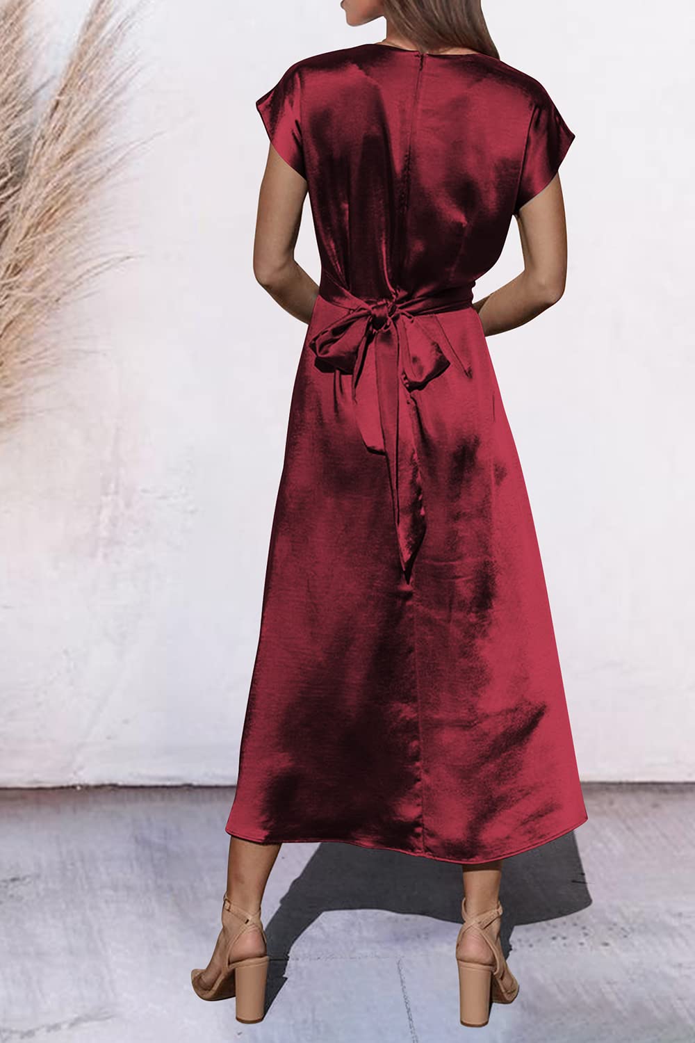 PRETTYGARDEN Women's 2024 Summer Satin Midi Dress Cap Sleeve Tie Waist Elegant A-Line Flowy Dresses (Wine Red,Medium)