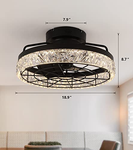 Q&S Modern Ceiling Fan with Lights,Low Profile Enclose Black Cage Semi Flush Mount Crystal Ceiling Fans with Remote 6 Speeds 3 Colors Dimmable LED Light Fixture for Bedroom Living Room Gym 18.9"