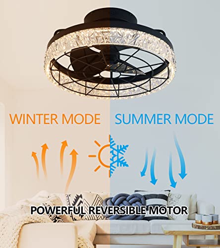 Q&S Modern Ceiling Fan with Lights,Low Profile Enclose Black Cage Semi Flush Mount Crystal Ceiling Fans with Remote 6 Speeds 3 Colors Dimmable LED Light Fixture for Bedroom Living Room Gym 18.9"