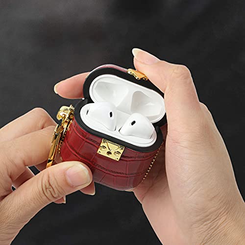 Case Cover for AirPods, YMSMY Genuine Leather AirPods 2 Case AirPods 1 Case with Stainless Steel Gold Buckle, High-end Crocodile Pattern AirPods 1&2 Case (Red)