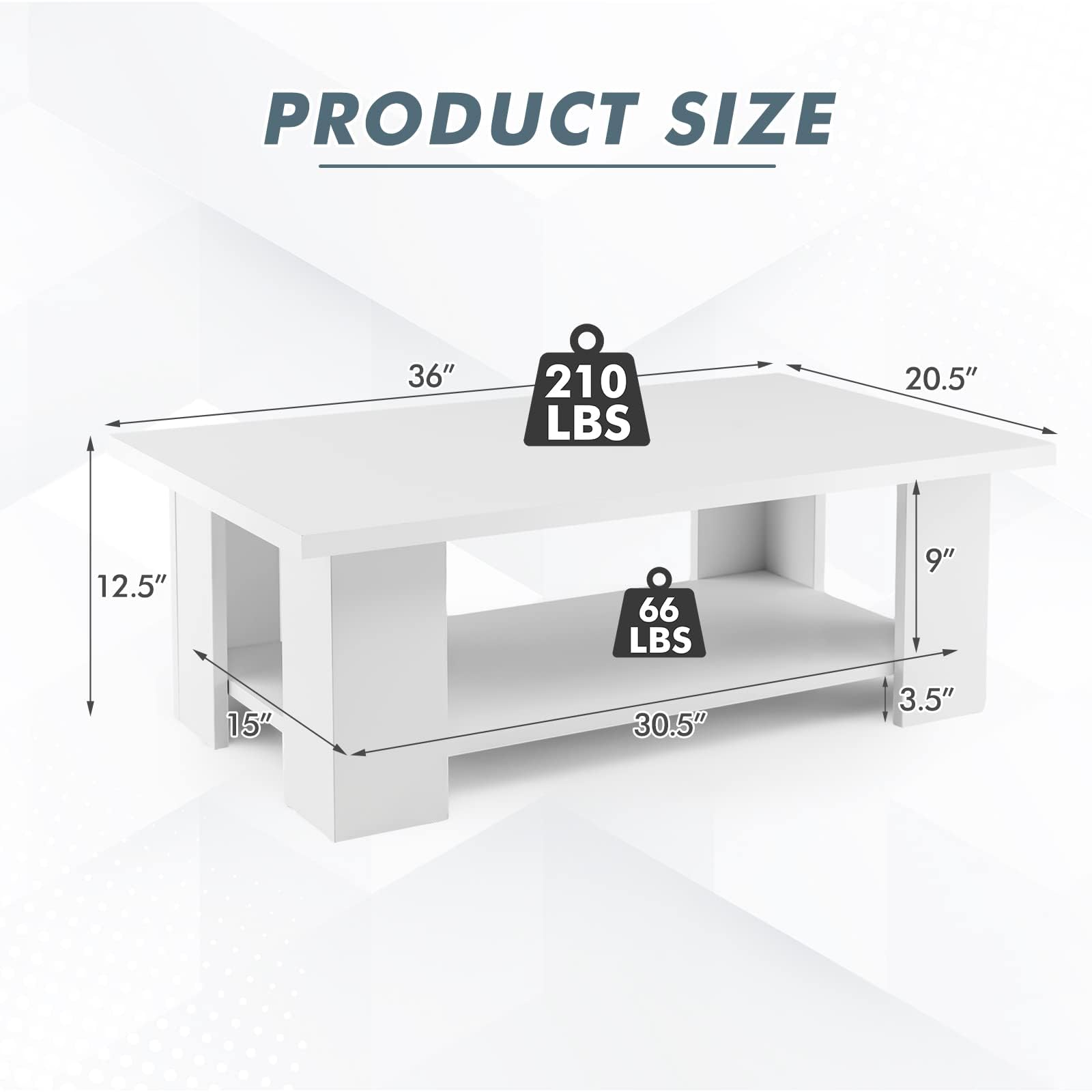 Tangkula 2-Tier Coffee Table, Modern Rectangular Center Cocktail Table with 5 Support Legs, Wooden Accent Living Room Furniture, Small Coffee Table for Small Spaces, Easy Assembly (White)