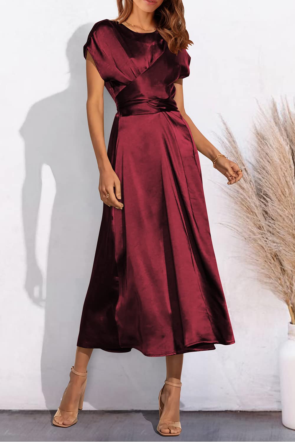 PRETTYGARDEN Women's 2024 Summer Satin Midi Dress Cap Sleeve Tie Waist Elegant A-Line Flowy Dresses (Wine Red,Medium)