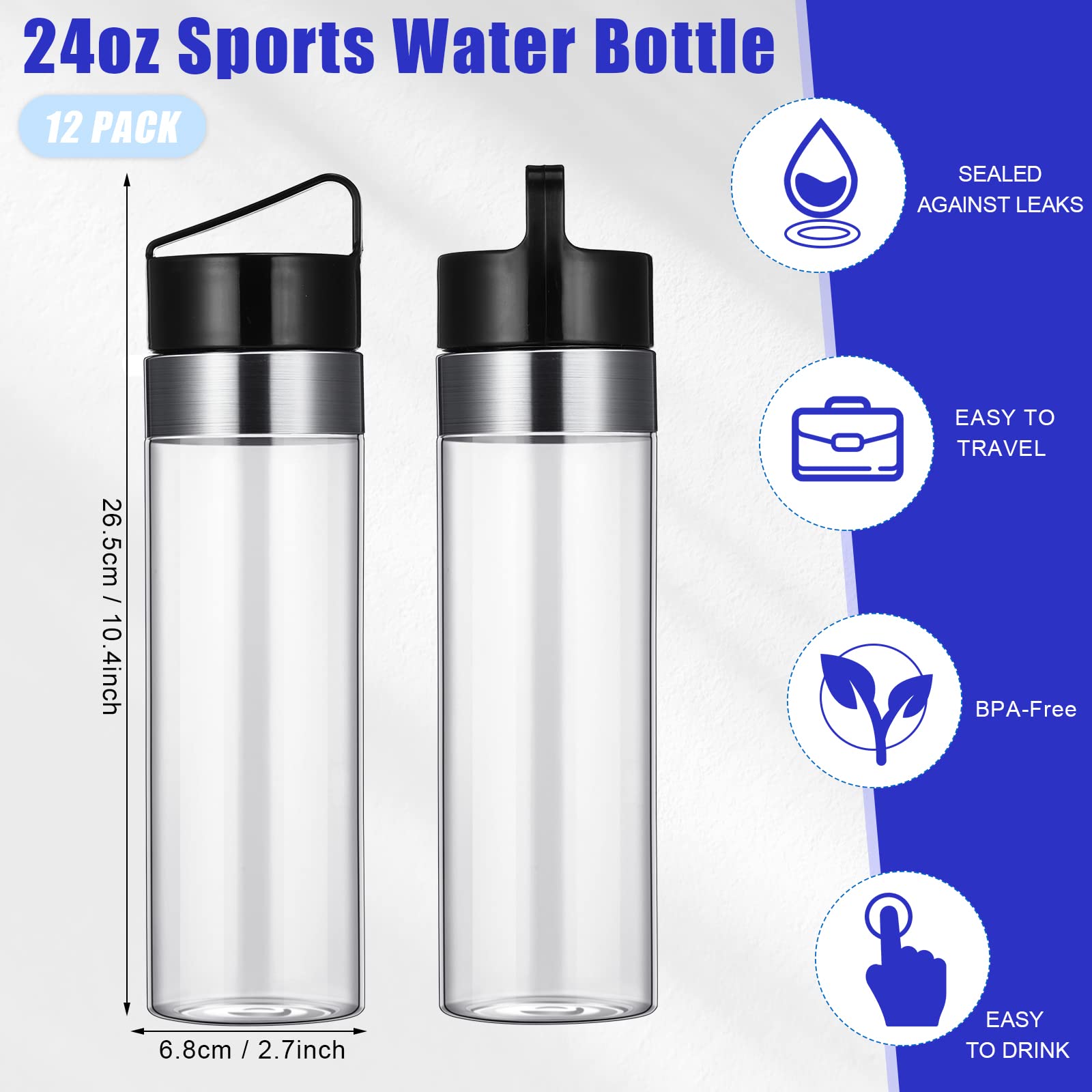 Zopeal 12 Pack Plastic Sports Bottles with Spill Proof Lids Reusable Clear 24 oz Water Bottle Bulk for Outdoor Activity Hike Camping Cycling