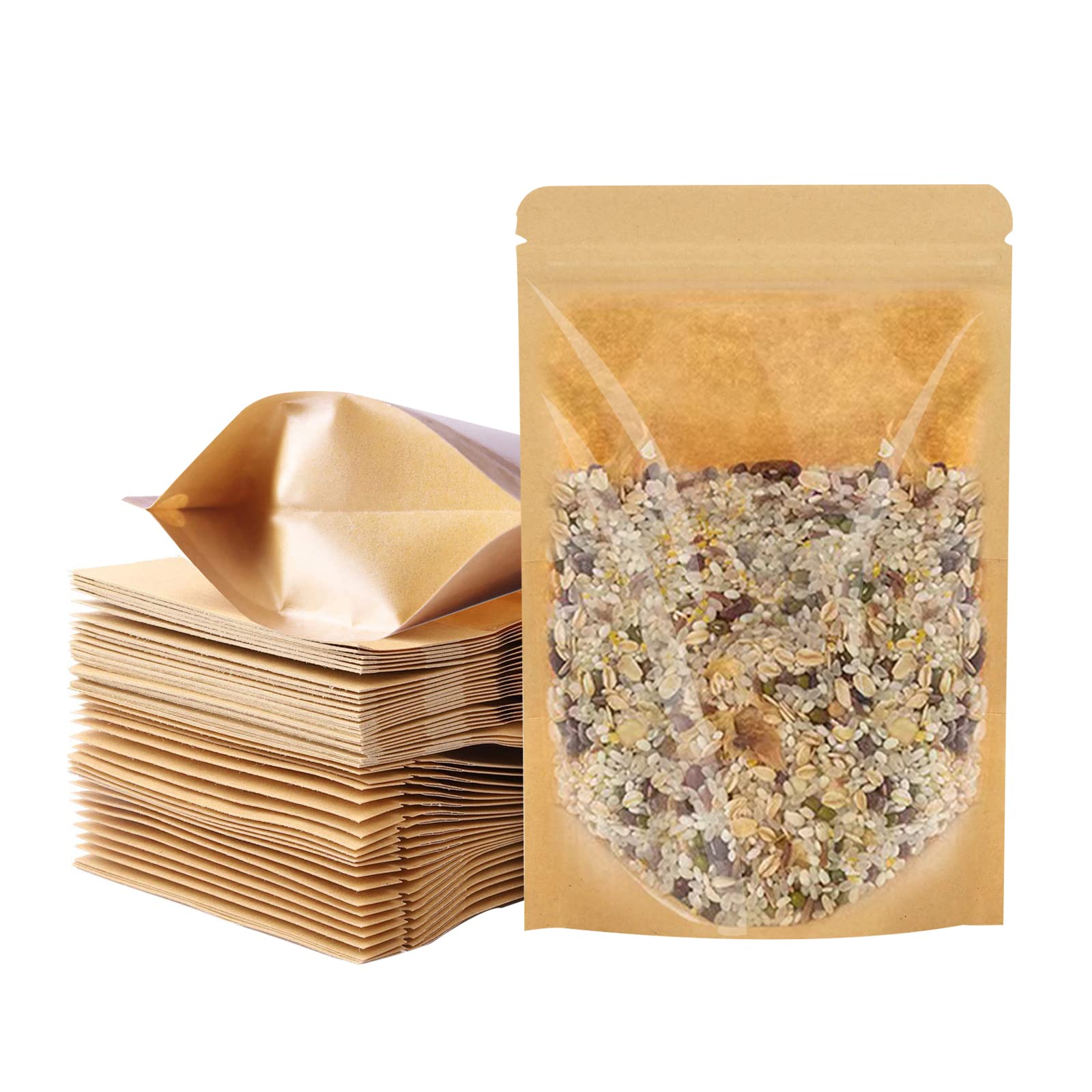 100 PCS Stand Up Pouches, 4 x 6 inch Kraft Paper Food Bags with Clear Window, Reusable Ziplock Food Storage Bags Resealable Pouches for Foods, Coffee Beans, Snacks