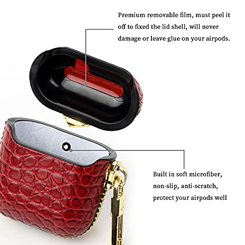 Case Cover for AirPods, YMSMY Genuine Leather AirPods 2 Case AirPods 1 Case with Stainless Steel Gold Buckle, High-end Crocodile Pattern AirPods 1&2 Case (Red)