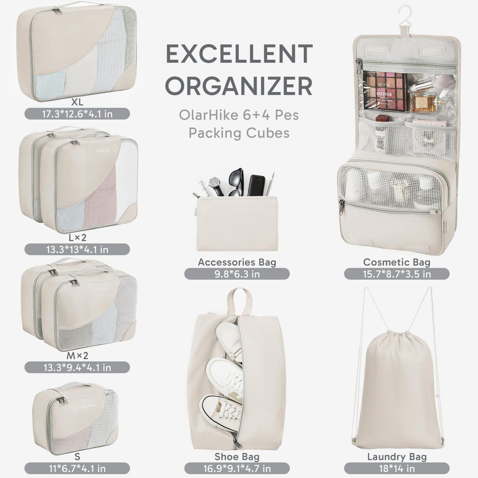 ALL INCLUDED 10 Set Durable Packing Cubes for Suitcases,OlarHike Essentials for Travel, UPGRADED Anti-Tear Stitching, NEW Improved Luggage Packing Organizers for Travel Accessories(Cream)