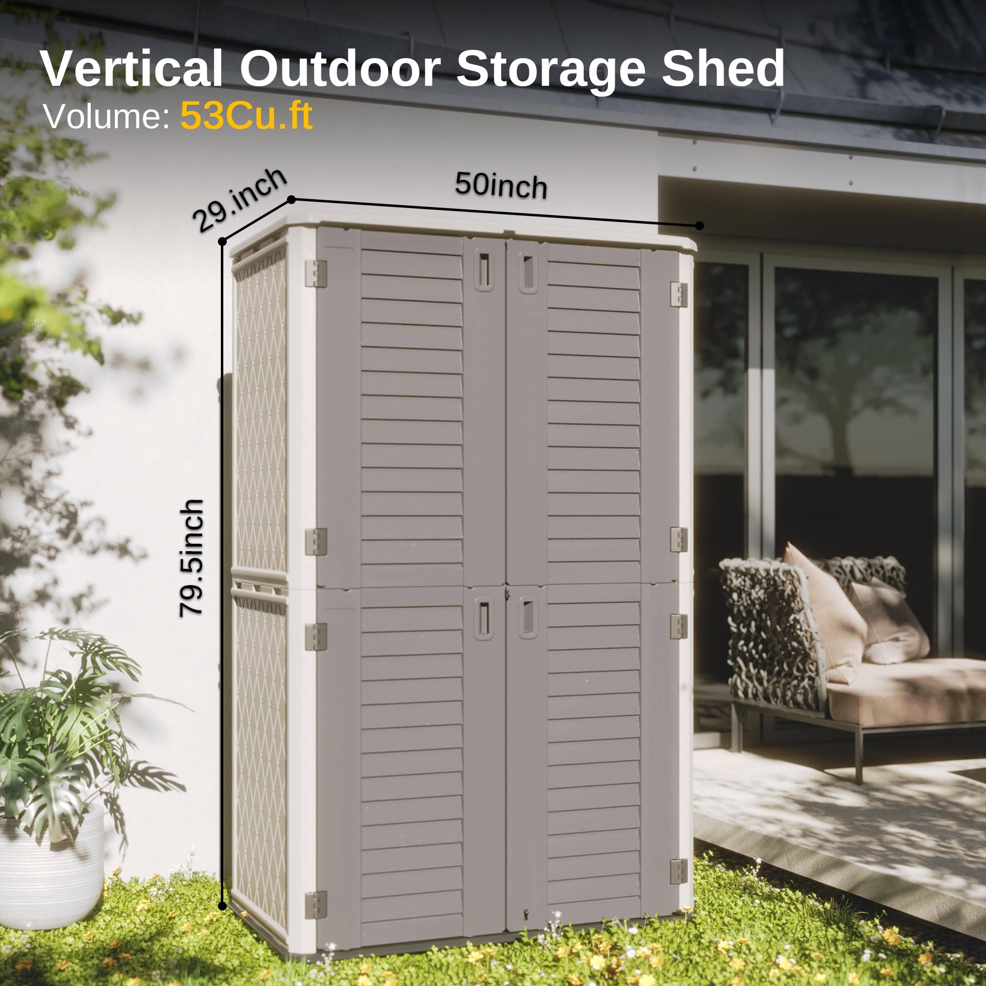 EAST OAK Outdoor Storage Shed, 53Cu.ft Vertical Resin Tool 4 x 6.6 FT Cabinet w/o Shelf for Garden, Patio, Backyard, All-Weather Outdoor Storage Clearance, Lockable with Floor