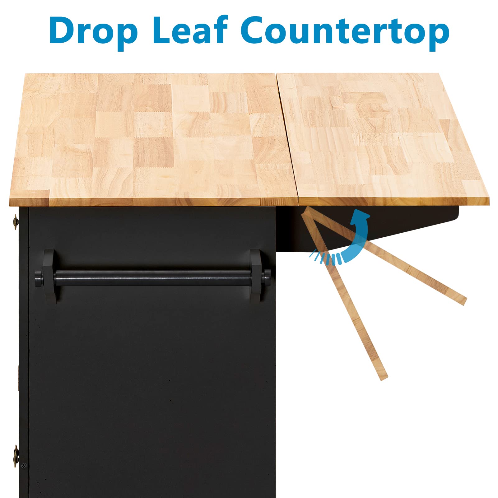 Rolling Kitchen Island with Drop Leaf – Movable Kitchen Carts on Wheels Island with Storage Cabinet, Island Table for Kitchen with Rubber Wood Top and Rack and Drawer, Matte, Black