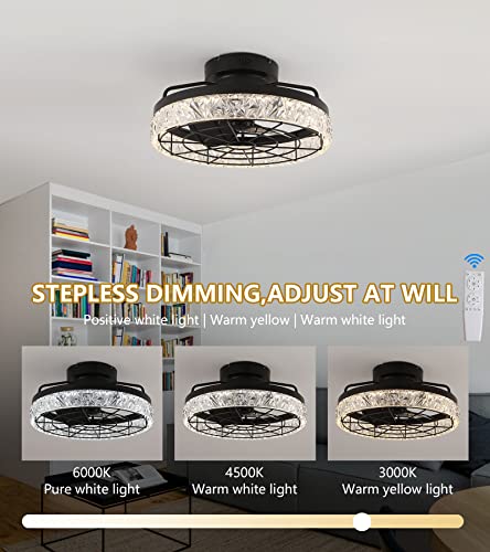 Q&S Modern Ceiling Fan with Lights,Low Profile Enclose Black Cage Semi Flush Mount Crystal Ceiling Fans with Remote 6 Speeds 3 Colors Dimmable LED Light Fixture for Bedroom Living Room Gym 18.9"