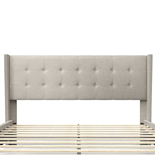 BONSOIR Bed Frame Upholstered Traditional Low Profile Platform with Wing Back Headboard/No Box Spring Needed/No Bed Skirt Needed/Linen Fabric Upholstery/Sand (Sand, King Size)