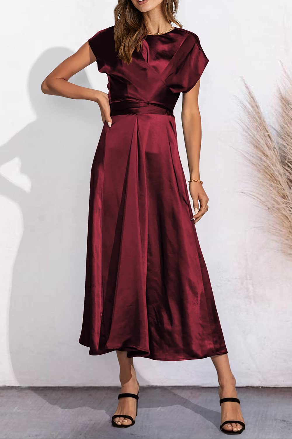 PRETTYGARDEN Women's 2024 Summer Satin Midi Dress Cap Sleeve Tie Waist Elegant A-Line Flowy Dresses (Wine Red,Medium)