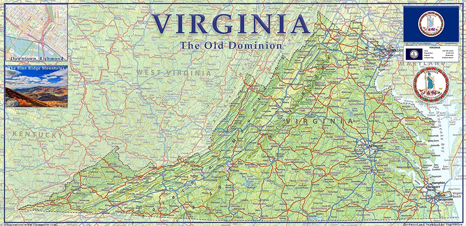 Physical Map of Virginia State - 11.3 x 23.3 Inches - Paper Laminated