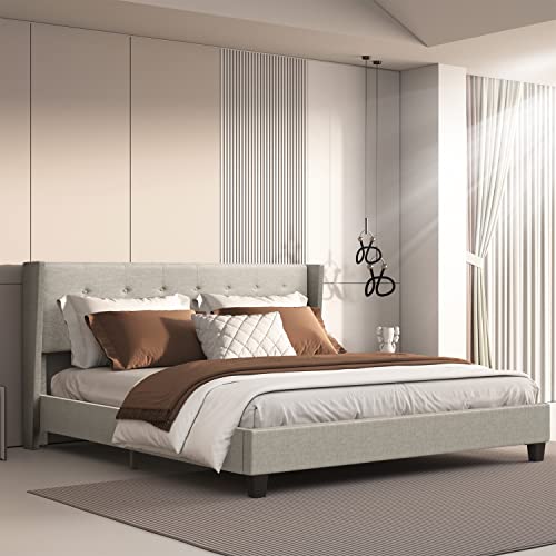 BONSOIR Bed Frame Upholstered Traditional Low Profile Platform with Wing Back Headboard/No Box Spring Needed/No Bed Skirt Needed/Linen Fabric Upholstery/Sand (Sand, King Size)