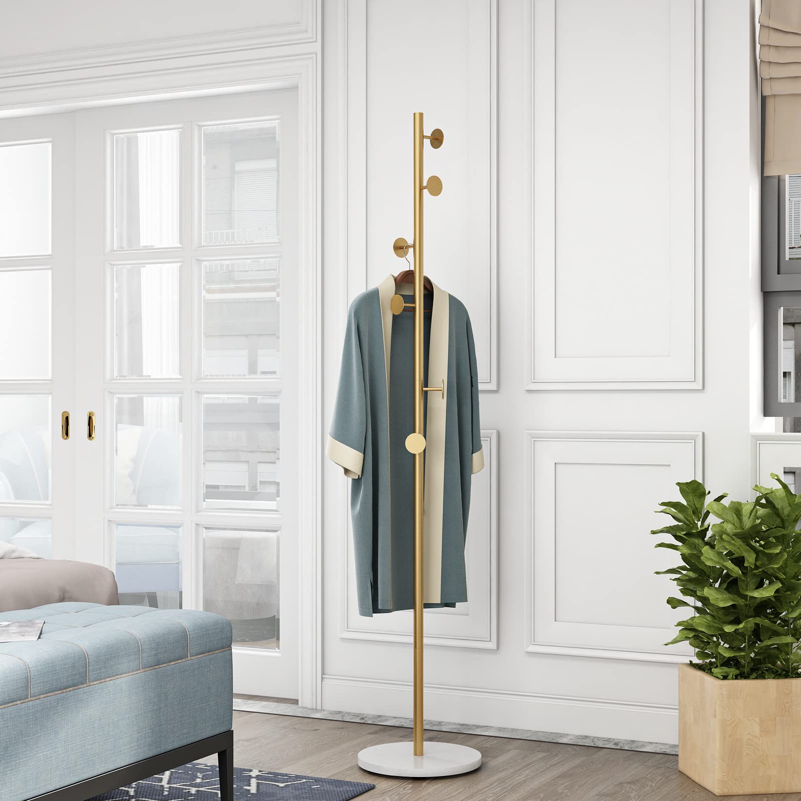 DOORXIFO Gold Coat Racks, Metal Coat Rack Freestanding with Hooks, Entryway Coat Rack Stand, Coat Racks with Marble Base, Coat Tree for Hanging Clothes, Hats, Bags