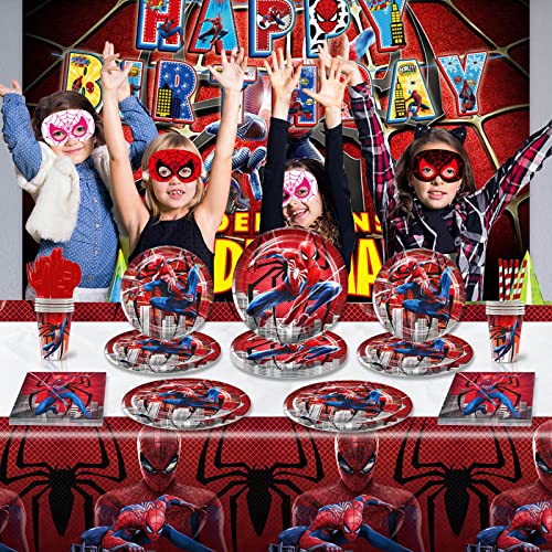 Spider Party Supplies Superhero Birthday Set, Including Plate, Napkin, Cup, Knife Fork, Spoon, Tablecloth、Straws and Pull flags, Spider Birthday Decorations For Boys and Girls