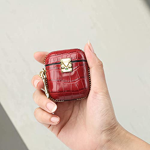 Case Cover for AirPods, YMSMY Genuine Leather AirPods 2 Case AirPods 1 Case with Stainless Steel Gold Buckle, High-end Crocodile Pattern AirPods 1&2 Case (Red)
