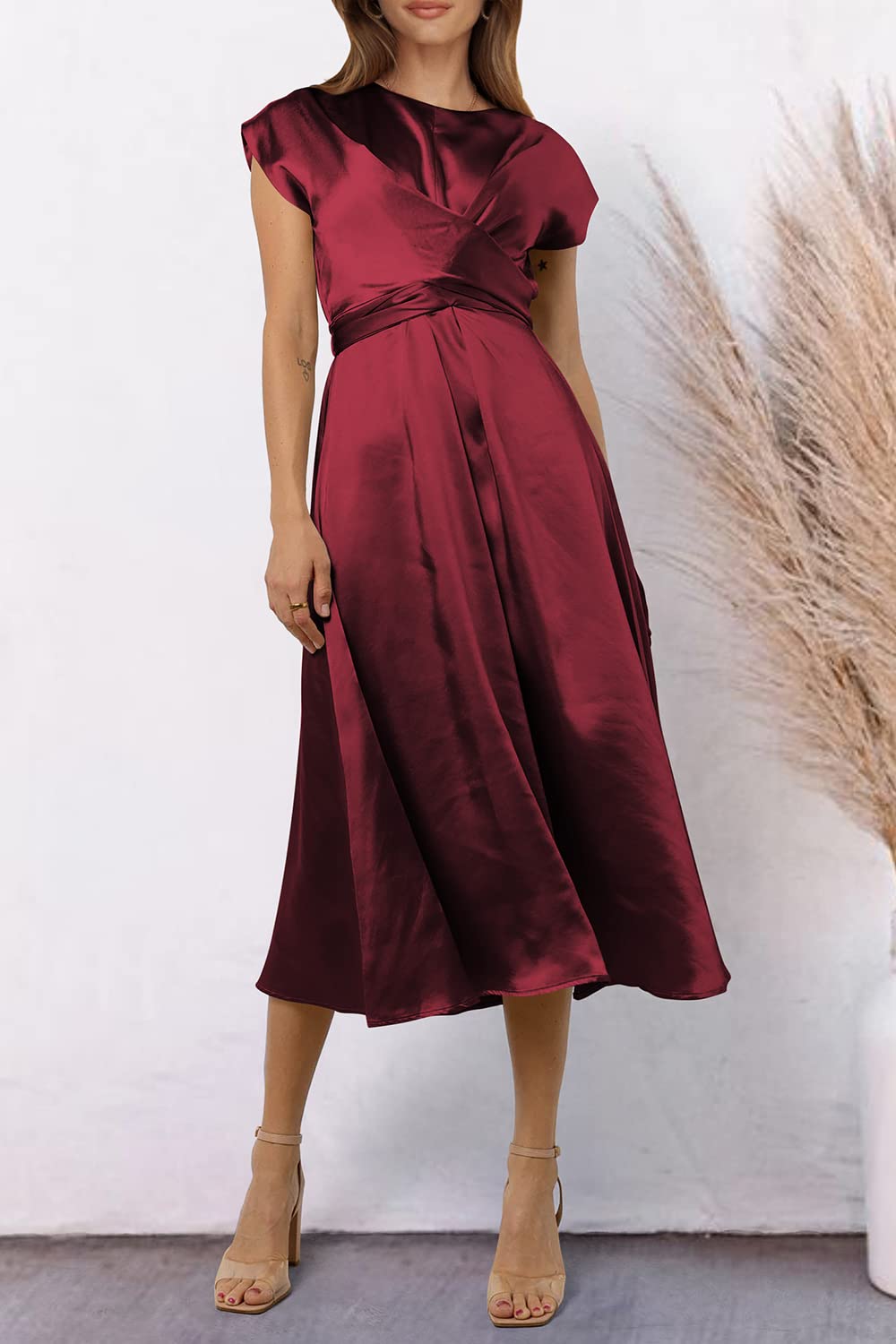 PRETTYGARDEN Women's 2024 Summer Satin Midi Dress Cap Sleeve Tie Waist Elegant A-Line Flowy Dresses (Wine Red,Medium)