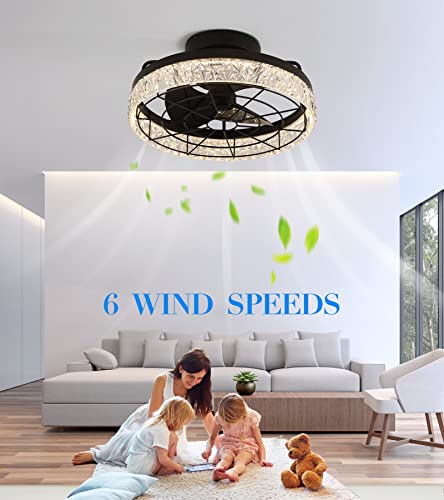 Q&S Modern Ceiling Fan with Lights,Low Profile Enclose Black Cage Semi Flush Mount Crystal Ceiling Fans with Remote 6 Speeds 3 Colors Dimmable LED Light Fixture for Bedroom Living Room Gym 18.9"