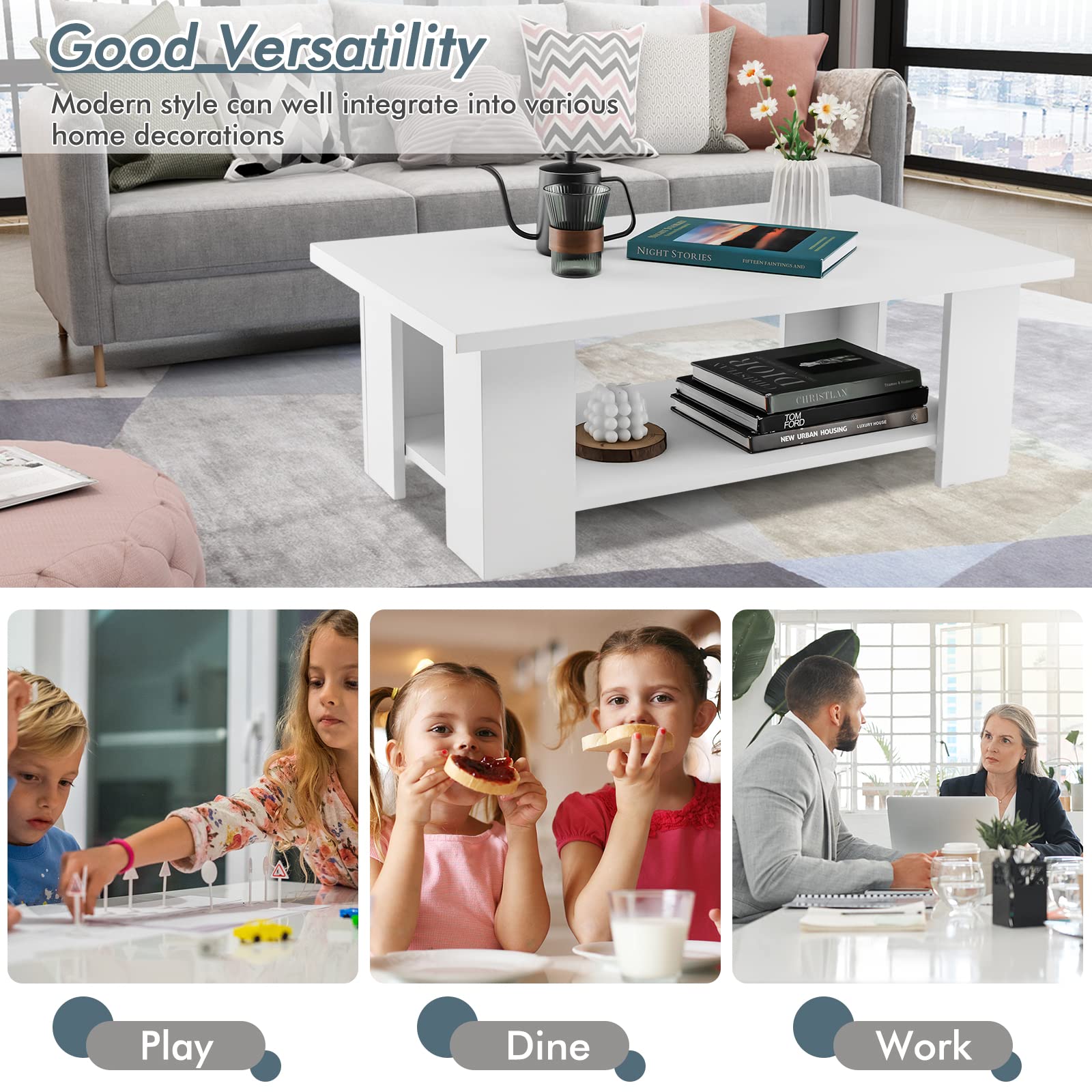 Tangkula 2-Tier Coffee Table, Modern Rectangular Center Cocktail Table with 5 Support Legs, Wooden Accent Living Room Furniture, Small Coffee Table for Small Spaces, Easy Assembly (White)